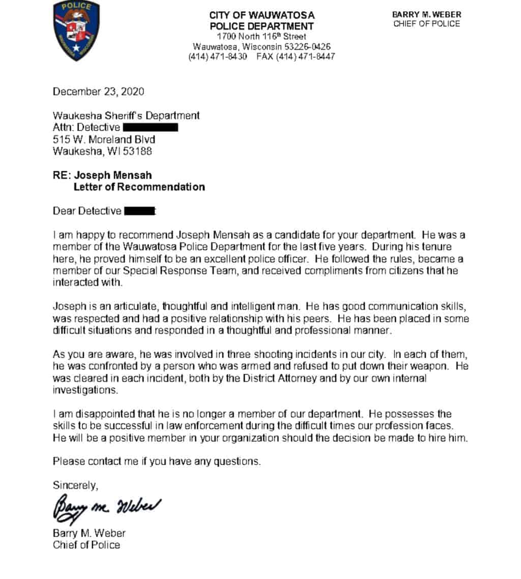 Wauwatosa Police Chief's Recommendation Letter For Joseph Mensah